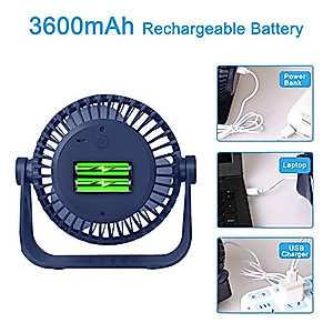 TriPole Desk Fan Small Table Fan Rechargeable Battery Operated Mini Fan 360 Degree Rotation 5.1 Inch Portable Fan 4 Speed USB Personal Fan for Home Office