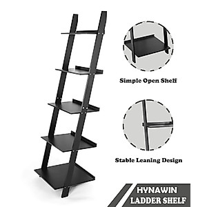 HYNAWIN Ladder Shelf 5 Tier Bookcase, Multipurpose Plant Flower Stand Bookshelf Storage Rack Shelves, Wood Look Accent Bamboo Frame Modern Furniture Home Office (Black)
