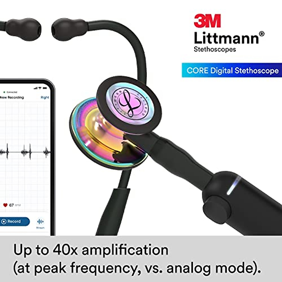 3M™ Littmann® CORE Digital Stethoscope, 8570, High Polish Rainbow Chestpiece, Black Tube, Black Stem and Headset, 27 inch