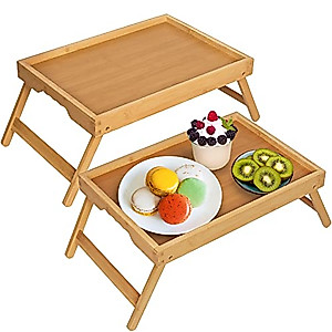 Artmeer Bed Tray Table with Folding Legs,Bamboo Breakfast in Bed for TV Table, Laptop Computer Tray,Eating,Snack Tray Beige 2 Pack(Beige)