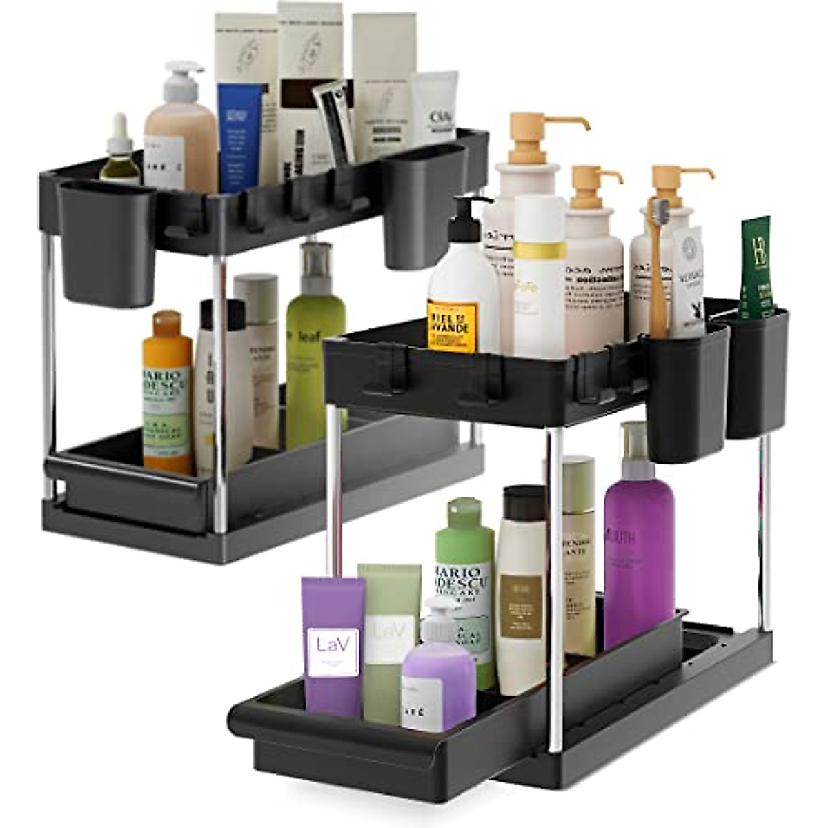 2 PACK Under Sink Organizer Rack 2 Tier Under Sliding Cabinet Basket Organizer Drawer With Bathroom Cabinet Storage Drawer With 4 Hooks