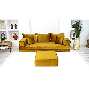 Gold Velvet Fabric Floor Seating, Sectional Sofa, Velvet Floor Sofa, Meditation Sofa, Arabic Floor Sofa Set, Floor Couches (Sofa + Ottoman, 8'' Thickness Sofa)