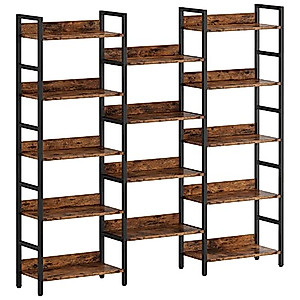 IRONCK Bookcases and Bookshelves Triple Wide 5 Tiers Industrial Bookshelf with Baffles Large Etagere Bookshelf with Metal Frame for Living Room Home Office