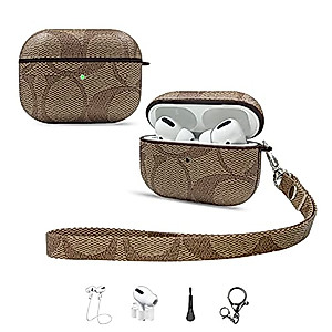 Case for AirPods Pro Case,6 in 1 Fashion Luxury PU Shockproof Anti-Slip Protective Cover Accessories Set for Airpod Pro Charging Case with Keychain/Ear Hook/Watch Band Holder/Anti-Lost Strap(Brown)