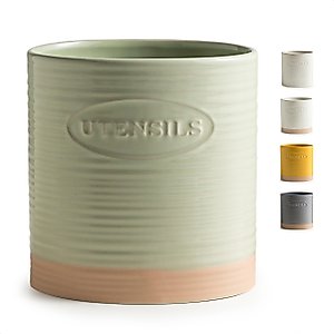YHOSSEUN Kitchen Utensil Holder, Ceramic Utensil Holder for Kitchen Counter Cooking Utensil Crocks, 6.7" Kitchen Tool Holder Farmhouse Utensil Organizer Storage, Oval Opening, Green