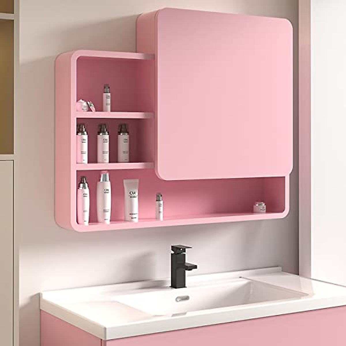 Medicine Cabinet Bathroom Mirror Cabinet Solid Wood Hidden Mirror Cabinet Simple Bathroom Mirror with Shelf Wall-Mounted Mirror Box Pink Locker (Color : Yellow, Size : 60 * 75 * 13.5cm)