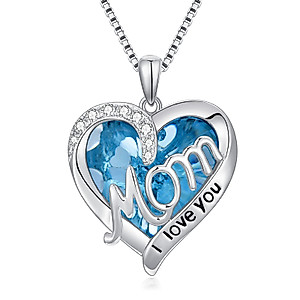 TOUPOP Mom Necklace for Women with Crystal March Birthstone s925 Sterling Silver I Love You Forever Heart Pendant Necklace Birthday Jewelry Gifts for Mama Mother Grandma