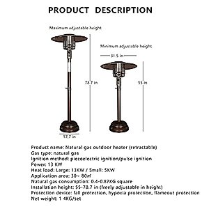 Natural Gas Patio Heater Adjustable Height (55in-78in), 12ft Hose Included, Passed CE CSA Certification, It’s Really Too Cold To Sit Outside In The Spring And Autumn,Its Heat Output Will Get Very Warm
