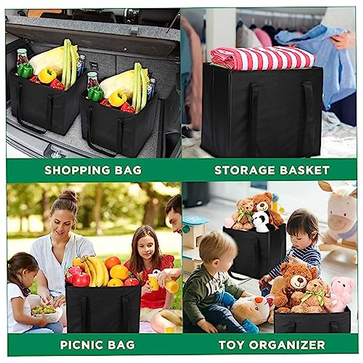 Silkfly 6 Pcs Reusable Grocery Bags with Sturdy Cardboard Bottom and Handles Large Heavy Duty Washable Shopping Tote Bags Bulk Utility Foldable Storage Bins Basket for Food Cart Clothes, Black
