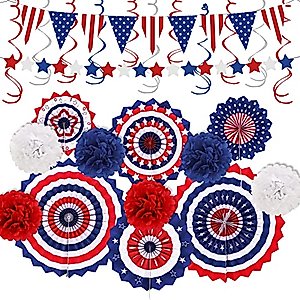 Bunny Chorus 4th of July Decorations Set 32pcs, Red White Blue Independence Day Patriotic Decorations, Large Paper Fans, Pom Poms, USA Flag Pennant Banner, Star Streamer Decor for Memorial Day