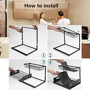 Under Sink Organizer Kitchen Storage L Shape Metal, 2 Tier Cabinet Bathroom Organizion with Pull Out Sliding Drawers, Multi-Use Countertop Storage Shelf, Under Rack for Kitchen, Office, Black