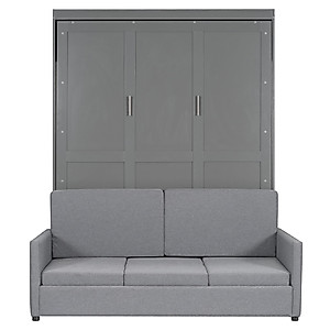 LZ LEISURE ZONE Queen Size Murphy Bed, Wooden Queen Murphy Bed with Cushion, Wall Bed with Sofa for Home Office or Small Room, Gray