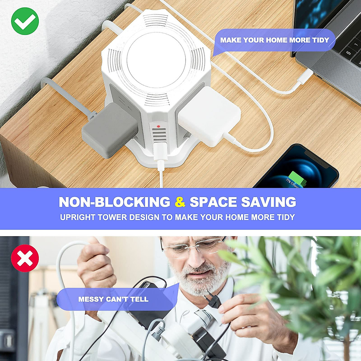 Power Strip Tower Surge Protector with 5 USB Ports, 12 Multiple Outlets, 6.5 FT Flat Plug Extension Cord, 13A 1050J Overload Protection, Desktop Charging Station for Home Office Dorm Room