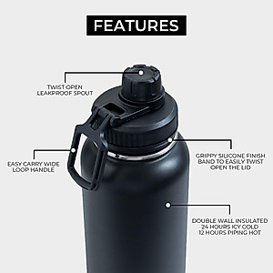 BOZ Stainless Steel Water Bottle XL (1 L / 32oz) Wide Mouth, BPA Free, Vacuum Double Wall Insulated (Matte Black)