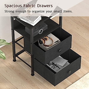 OELUBBY Nightstand with Charging Station & USB Ports, End Table with Fabric Drawers Storage Shelf, Sofa Bed Side Table Night Stand for Bedroom Living Room, Black