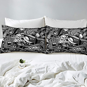 Feelyou Graffiti Bedding Set for Teens Boys Twin Rock Music Theme Duvet Cover Set Hip Hop Comforter Cover Set Kids Teenage Street Art Quilt Cover Hippie Room Decor Bedding with 1 Pillow Sham (2Pcs)