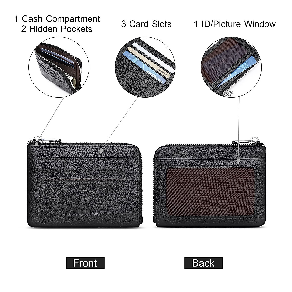 AOLUC Top Grain Genuine Leather Small Slim Mini Change Wallets for Women RFID Blocking Pocket Zipper Wallet Ladies Card Case Coin Purse with ID Window