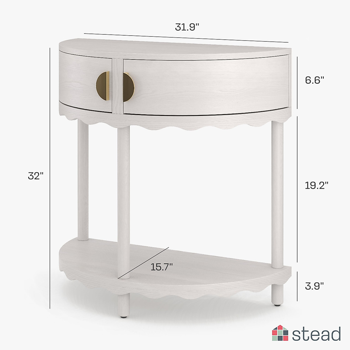 Scalloped Skirt Half Moon Console Table - Small Entry Table with Storage for Narrow Spaces - Modern Home Decor - Living Room Furniture - Solid Wood Entryway Table with Two Doors (Whitewash Oak)