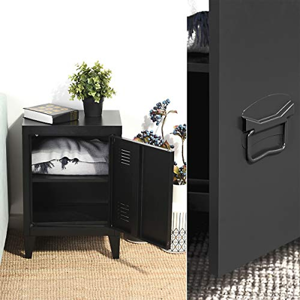 Homy Casa Inc Graves Solo Storage Lockers, Metal Black Nightstand, Metal Cabinet-Black