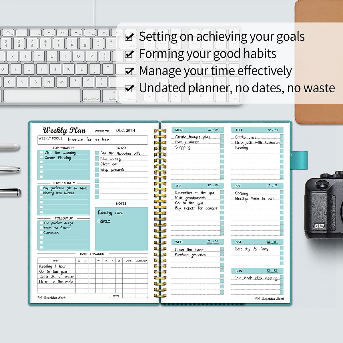 Weekly Planner Undated, Weekly Goals Schedule Planner Regolden-Book To Do List Notebook Calendars Organizers Habit Tracker Journal for Man & Women, Spiral Binding, Pocket, Pen Loop, 53 Weeks (7x10")