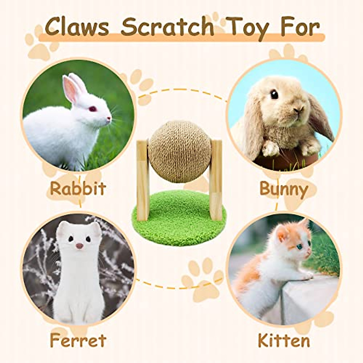BNOSDM Rabbit Scratch Toy Natural Sisal Wood Rabbit Scratching Ball Toy Bunny Scratcher with Ball for Indoor Rabbits Bunnies Kittens Ferrets Chinchillas Small Animals (Small)