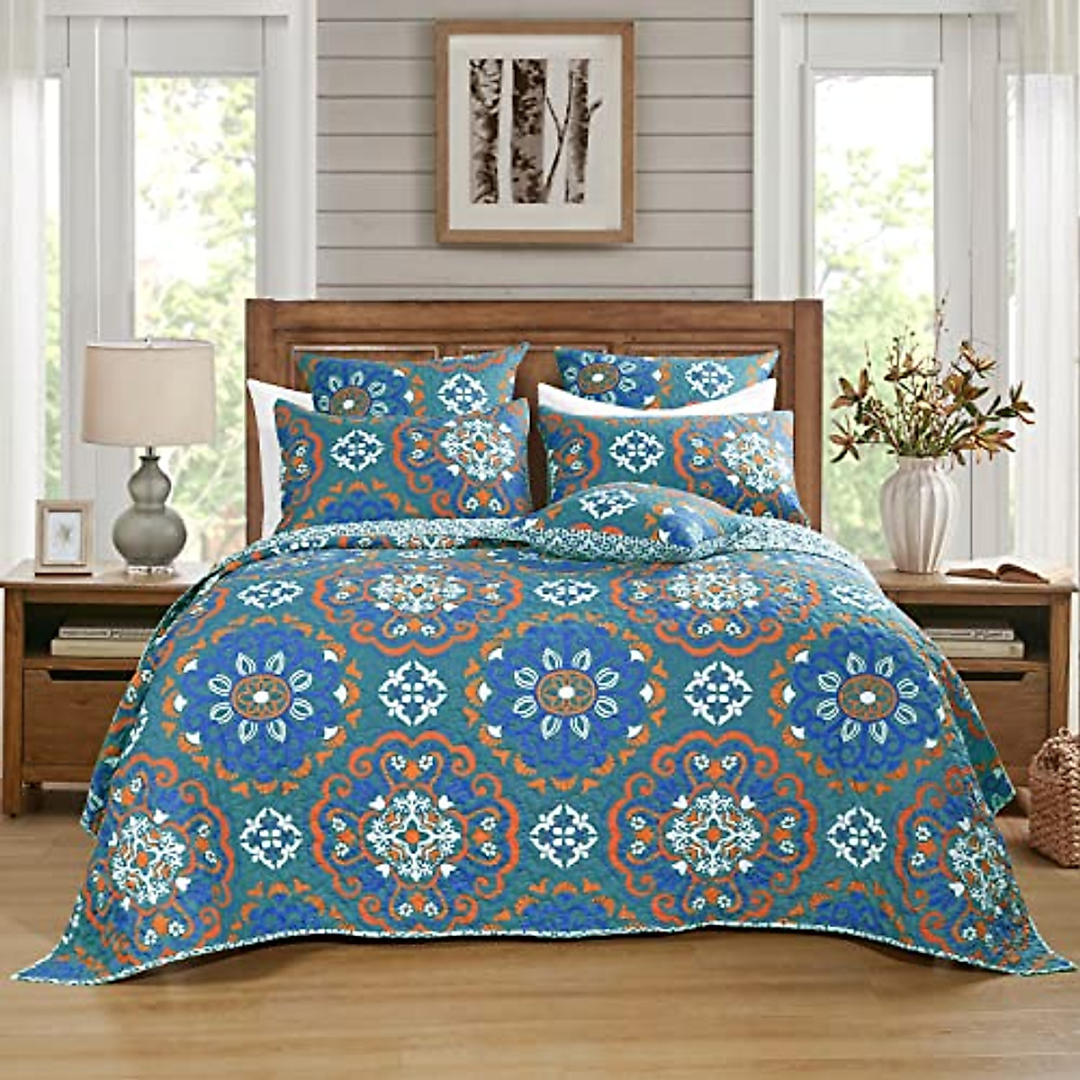 PHF 100% Cotton Fabric Boho Paisley Quilt Set Queen/Full Size, 3PCS Lightweight Cozy Bedspread for All Season, Extra Soft Reversible Bed Spread, Coverlet 90" x 90" and 2 Pillow Shams, Teal Blue