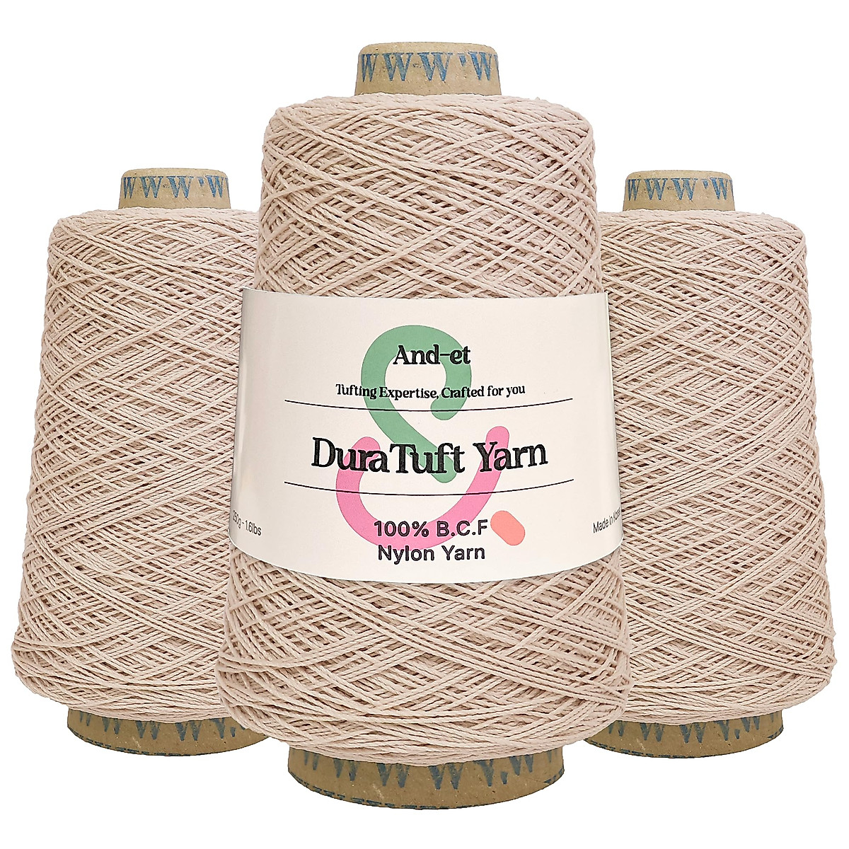 And-et DuraTuft Yarn 45 Vibrant Colors Tufting Nylon Yarn Pack - Ideal for Crochet, Craft Projects -100% B.C.F. - 3 Cones x 1.66lbs -180yards -Perfect for Rug Weaving and Knitting (03 Pink Beige)