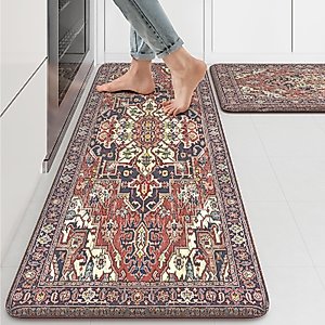 KIMODE Kitchen Mats,Boho Vintage Anti Fatigue Kitchen Rugs Sets of 2,Non Slip Waterproof Kitchen Mats for Floor,Cushioned Comfort Standing Mat for Kitchen Floor,Laundry,Sink,Floral Red