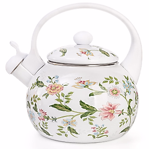 Jucoan 2.3 Quart Vintage Enamel Tea Kettle, Whistling Tea Kettle for Stove Top, Floral Enamel on Steel Teakettle Teapot for Home Kitchen, Gift for Christmas Wedding Housewarming