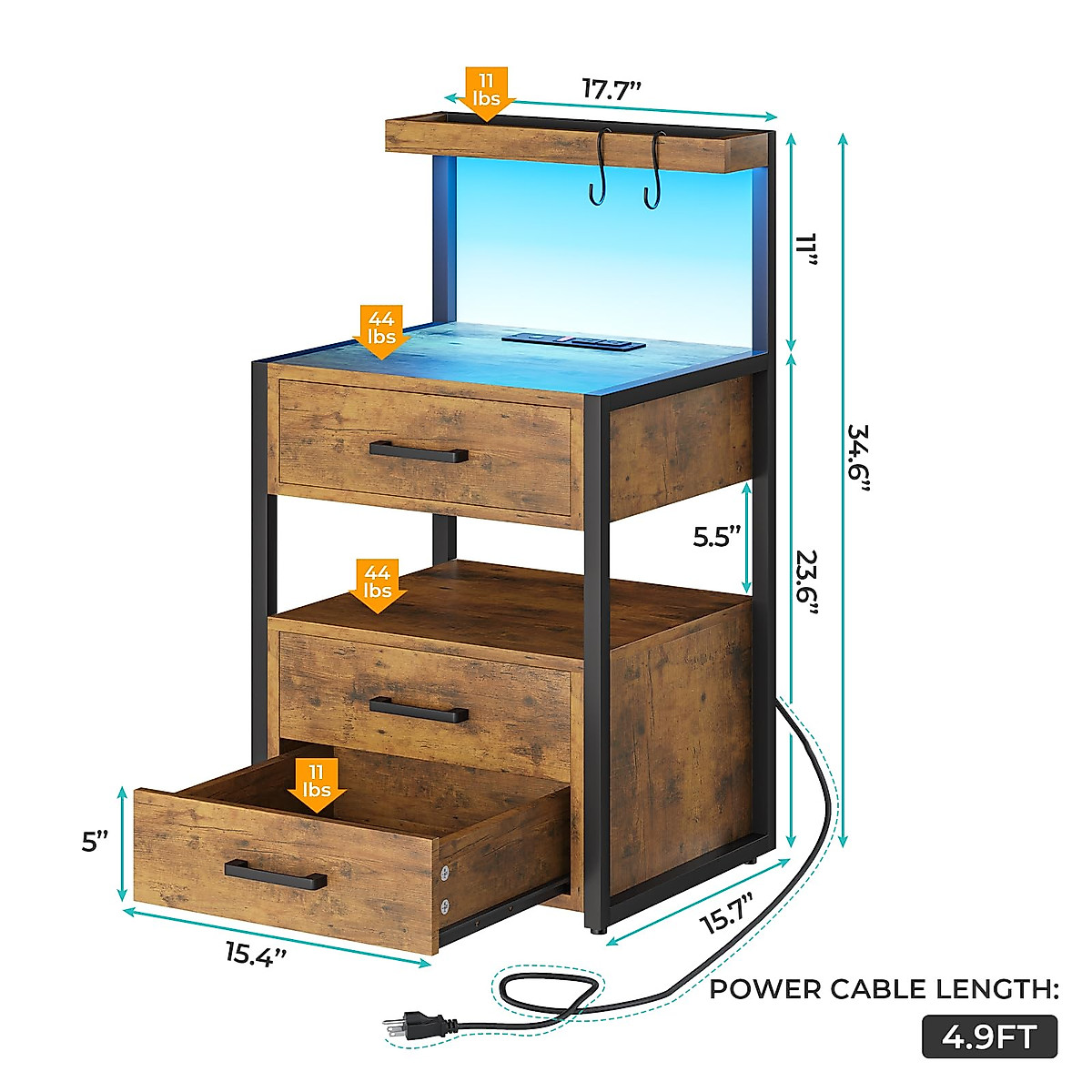 VIAGDO Nightstands Set of 2 with LED Lights, 3 Drawers Night Stands with Charging Station, Rustic Brown Bedside Tables with Storage Shelves, Modern End Side Tables for Bedroom, Office