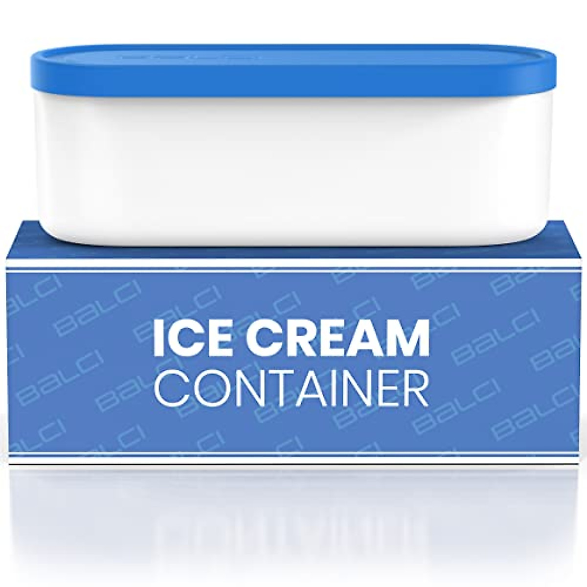 BALCI - Ice Cream Container - 2 Quart - Perfect Reusable Freezer Storage for Homemade Ice Cream Tubs for Sorbet, Frozen Yogurt and Gelato! - Flexible Silicone Lids, Long Scoop, Stackable - Blue