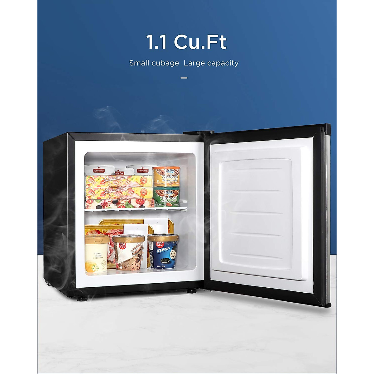 Upright Freezer - Compact Reversible Single Door Table Top Mini Freezer - Free Standing Freezing Machine with Removable Shelf(Silver, 1.1 Cubic Feet)