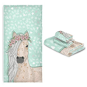 Flower Horse Towel Bathroom Sets Animal Poney Towel Set of 3 Blue Soft Highly Absorbent Towels 1 Bath Towel 1 Hand Towel 1 Washcloth for Kitchen Beach Gym Spa Decorative