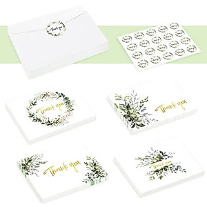 Thank You Cards with Envelopes & Stickers - Gold Foil Greenery (Bulk 32-Pack), Watercolor Eucalyptus Thank You Blank Notes For Engagement, Wedding, Baby Shower, Graduation, Bridal, Business, Anniversary
