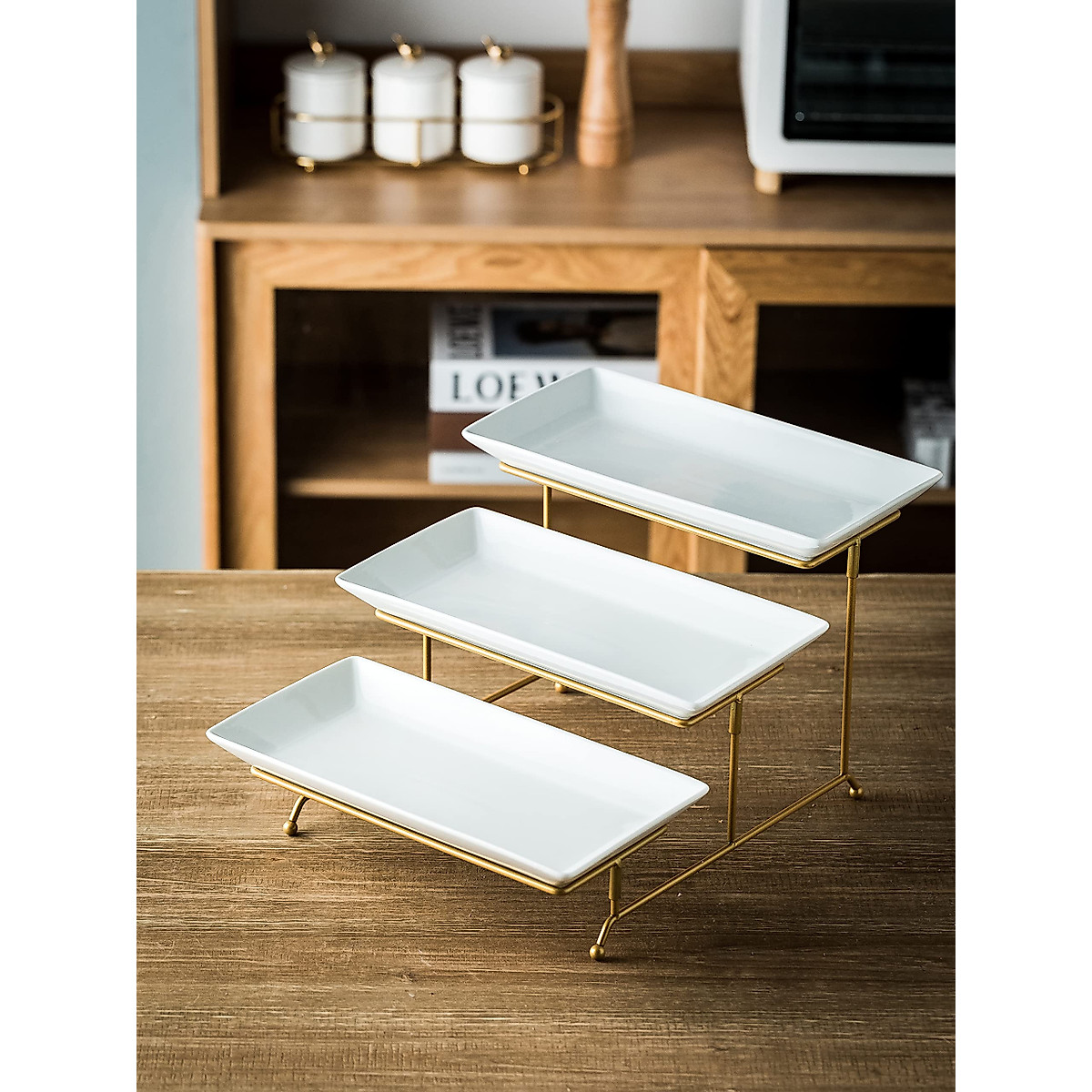 Cormomu 3 Tier Serving Tray, Tiered Serving Stand Display Set for Entertraining Dessert Table Serving Tray with Stand, White Ceramic Banquet Serving Platters for Party, 12 Inches (Gold)
