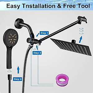 AWAXFOLO 12'' High Pressure Square Shower Head with 6-Function Adjustable Spray Handheld, 13'' Extension Arm, 78'' Hose, Water Temperature Reminder, Matte Black