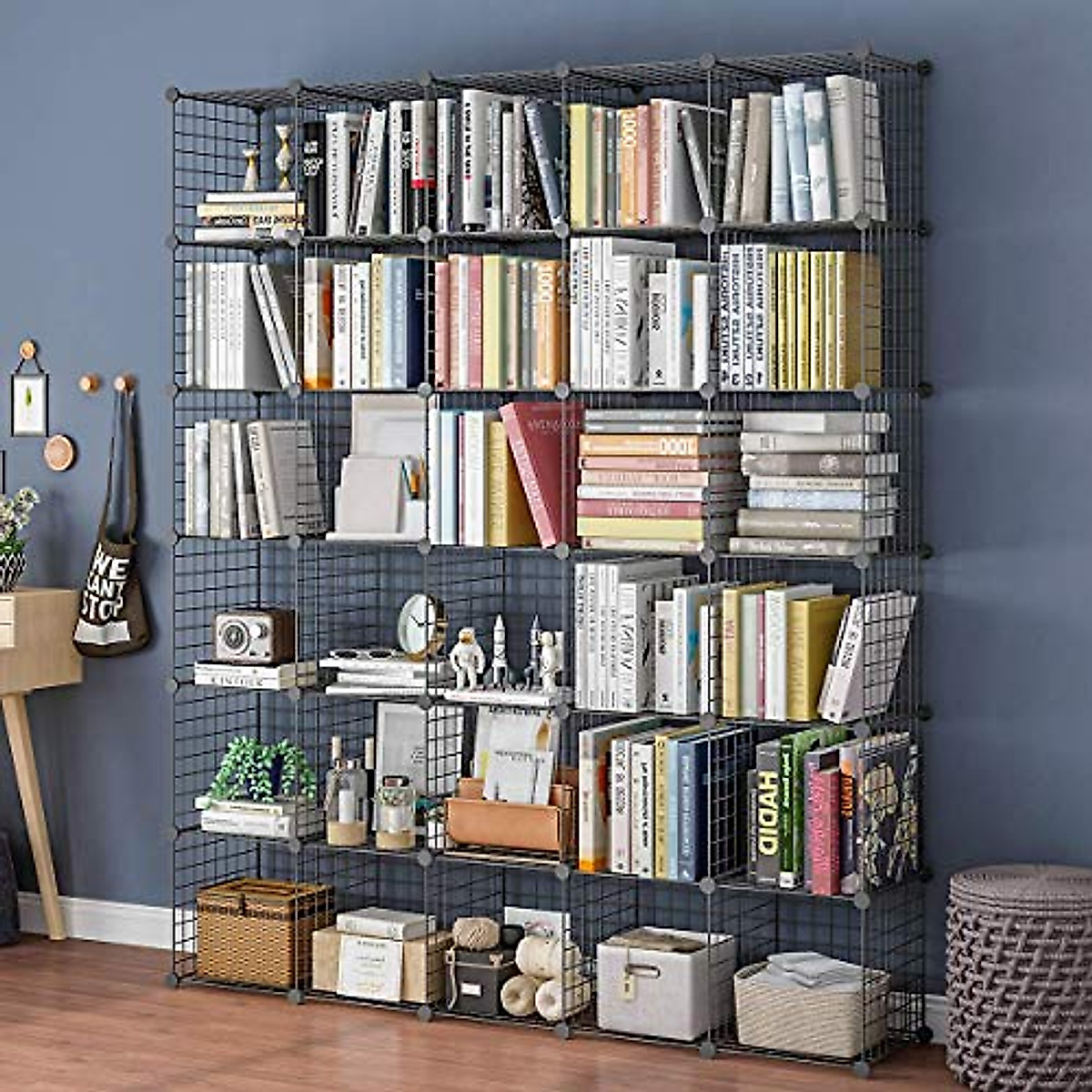 KOUSI DIY Wire Cube Storage, Modular Metal Shelf, Cubby Shelving, Stackable Grid Organizer, 30 Cube, Black