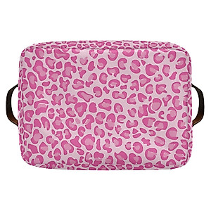 YETTASBIN Pink Leopard Storage Basket 1pc, Large Collapsible Toys Clothes Organizer, Durable Canvas Storage Bin with Handle for Shelves Closet Laundry Home Office Decor