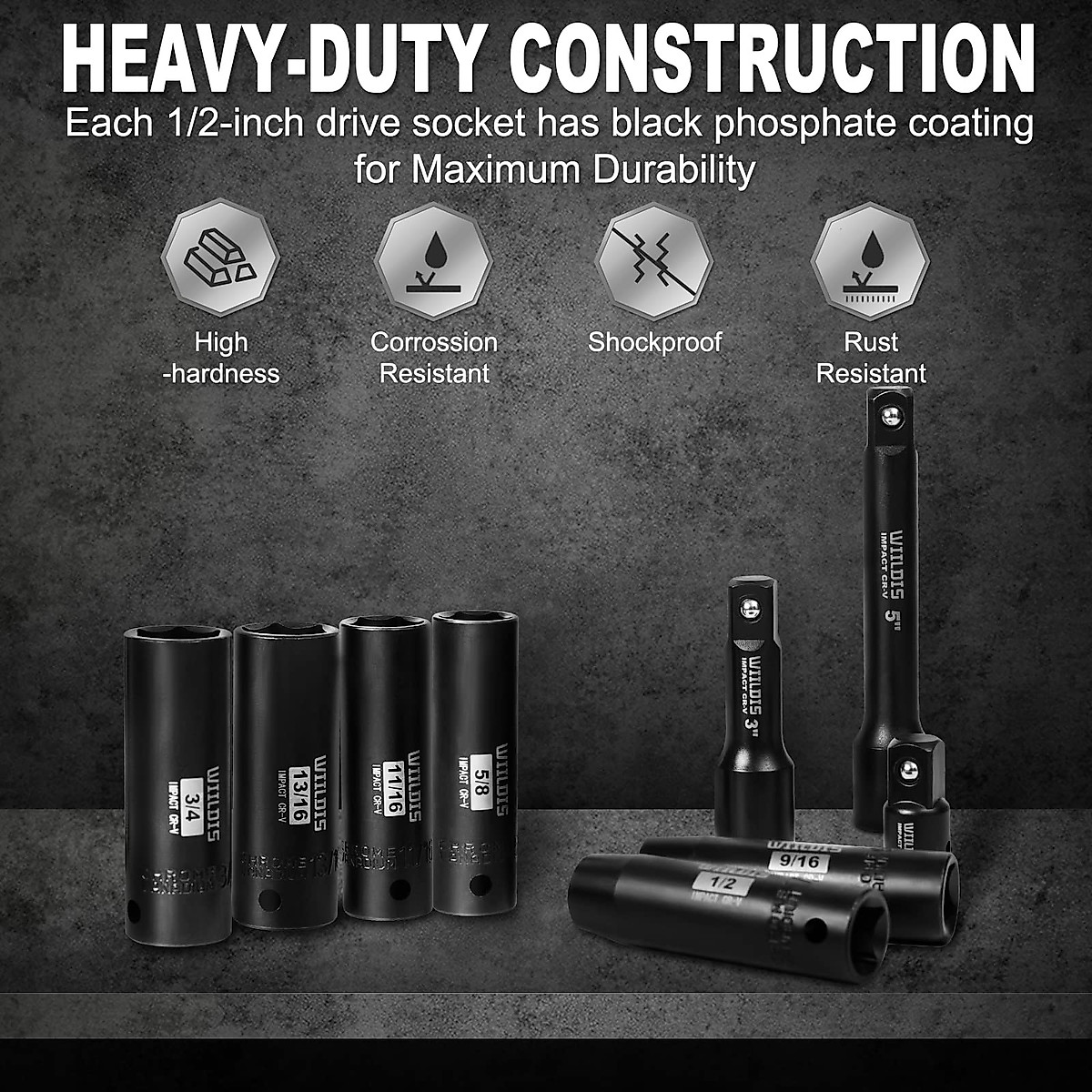 WIILDIS 1/4" Drive Impact Socket Set, 54-Piece, 6-Point, SAE/Metric, 5/32 Inch - 9/16 Inch, 4mm - 15mm, Standard/Deep,CR-V, Heavy Duty Storage Case for Household, Automotive Repair & DIY Project