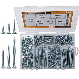 JEGONFRI High Hardness Wood Screws Assortment Kit, 209 pcs, Phillips Drive Flat Head, Wood Screws, Screws, Drywall Screws, Assorted Screws, Screws Set, 6 Sizes (2”,1-1/2”,1-1/4”,1”,3/4”,1/2”)