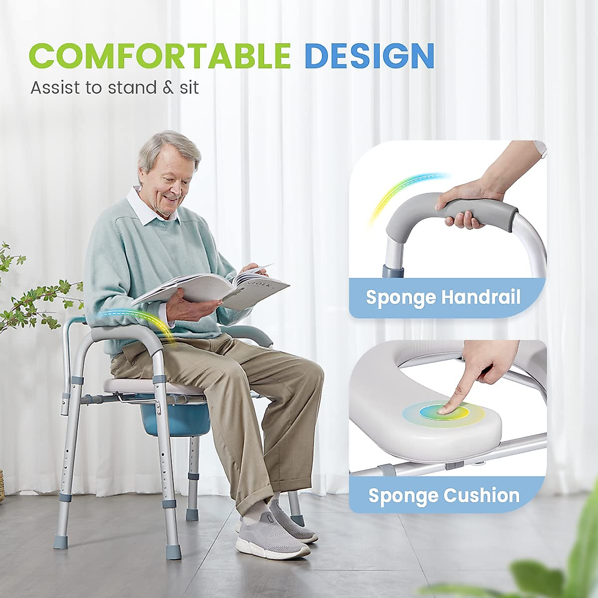 OasisSpace Stand Alone Raised Toilet Seat 500lbs - Adjustable Toilet Safety Frame Raised Toilet Seat with Handles for Elderly, Medical Beside Commode Chair for Senior and Disabled