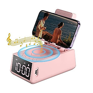 Deeyaple 3 in 1 Wireless Bluetooth Speaker with Loud Alarm Clock Cell Phone Stand TF Card Reader 12H Display Mic HD Surround Sound Kitchen Bedroom Office Cell Phone＆Tablet (Pink)
