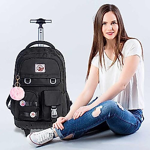 CCJPX Rolling Backpack for Girls Women, 21 inch Roller Wheels School Bookbag, Wheeled Suitcase Backpacks with Lunch Bag for Teen - Black