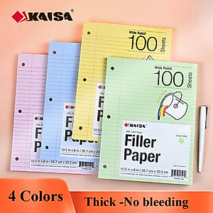 Kaisa Filler Paper Colored loose Leaf Paper, Wide Ruled 8x10.5in Colored Paper, 3-Hole Punched for 3-Ring Binders,100Sheets/pack 4Packs, FC10001W