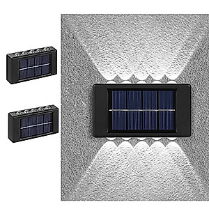 ASLIDECOR 10 LED Solar Up Down Lights Outdoor Waterproof,2 Pack Modern Nordic Sconce Illuminate Outside Sunlight Sensor Lamp, Black Exterior Light Fixture Wall Mount for House Garden Porch, White