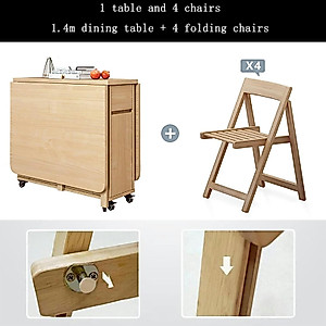 Shykey Extendable Dining Table Set, Wooden Drop Leaf Table with 4 Dining Chairs, Folding Dining Table for Kitchen Restaurant Dining Room Living Room-140cm