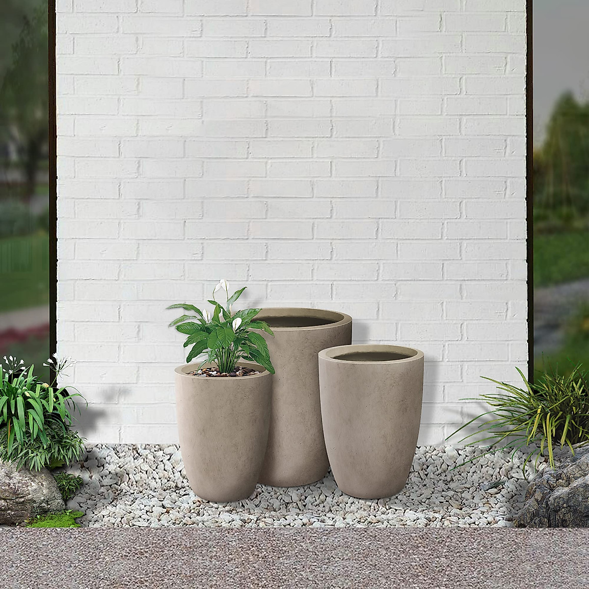 Kante 18.1",20.5",22.4" H Tall Round Concrete Planters Set of 3, Outdoor Indoor Modern Decorative Plant Pots with Drainage Hole & Rubber Plug for Home & Garden Weathered Concrete