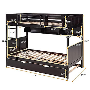 HBRR Twin Over Twin Bunk Bed with Trundle and Bookshelf, Wooden Separable BunkBed Frame for Kids Teens Adults, No Box Spring Needed, Espresso