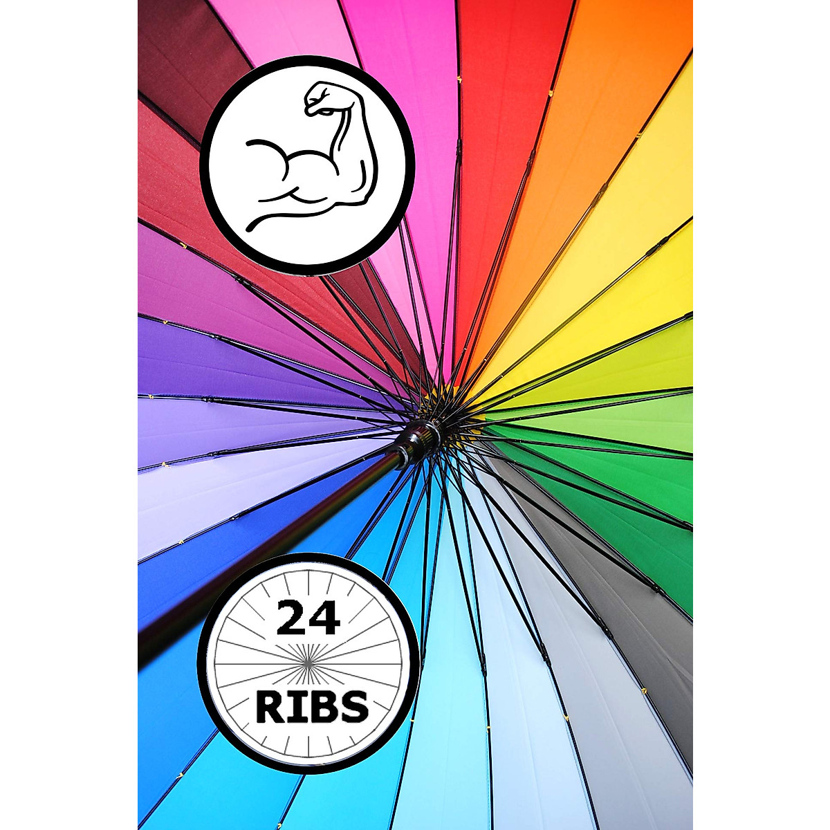 60MPH Windproof 24 Rib Large Strong Rainbow Umbrella - XL Automatic Heavy Duty Golf Umbrella For Rain and Wind - 3 Layer Frame - Wooden Hook Handle - Best for Most Ribs