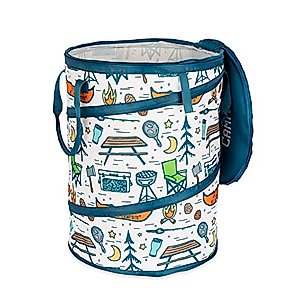 Camco 42997 Life is Better at The Campsite Pop-Up Container, 24-Inches x 18-Inches - Holds 30-Gallon Kitchen-Size Trash Bags - Features a Campsite Design